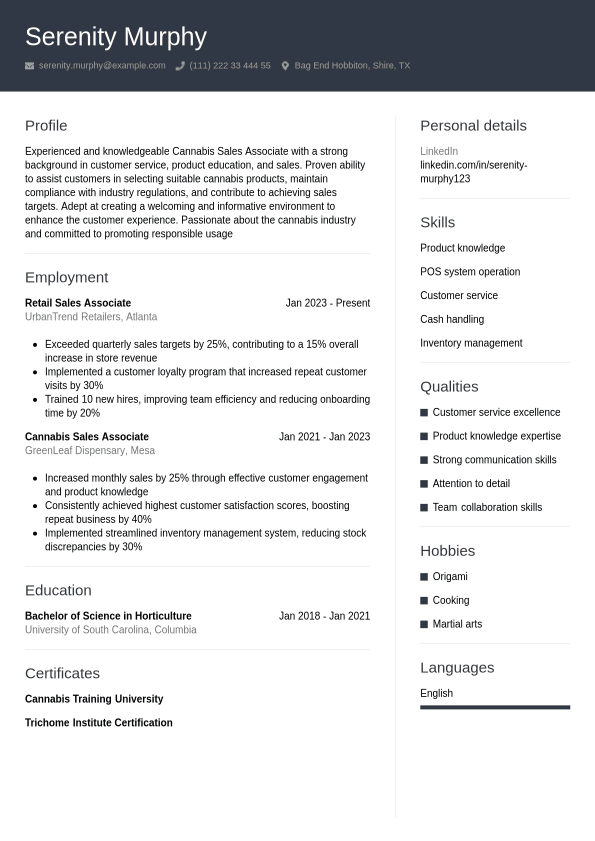 Budtender Resume Example | Jobseeker