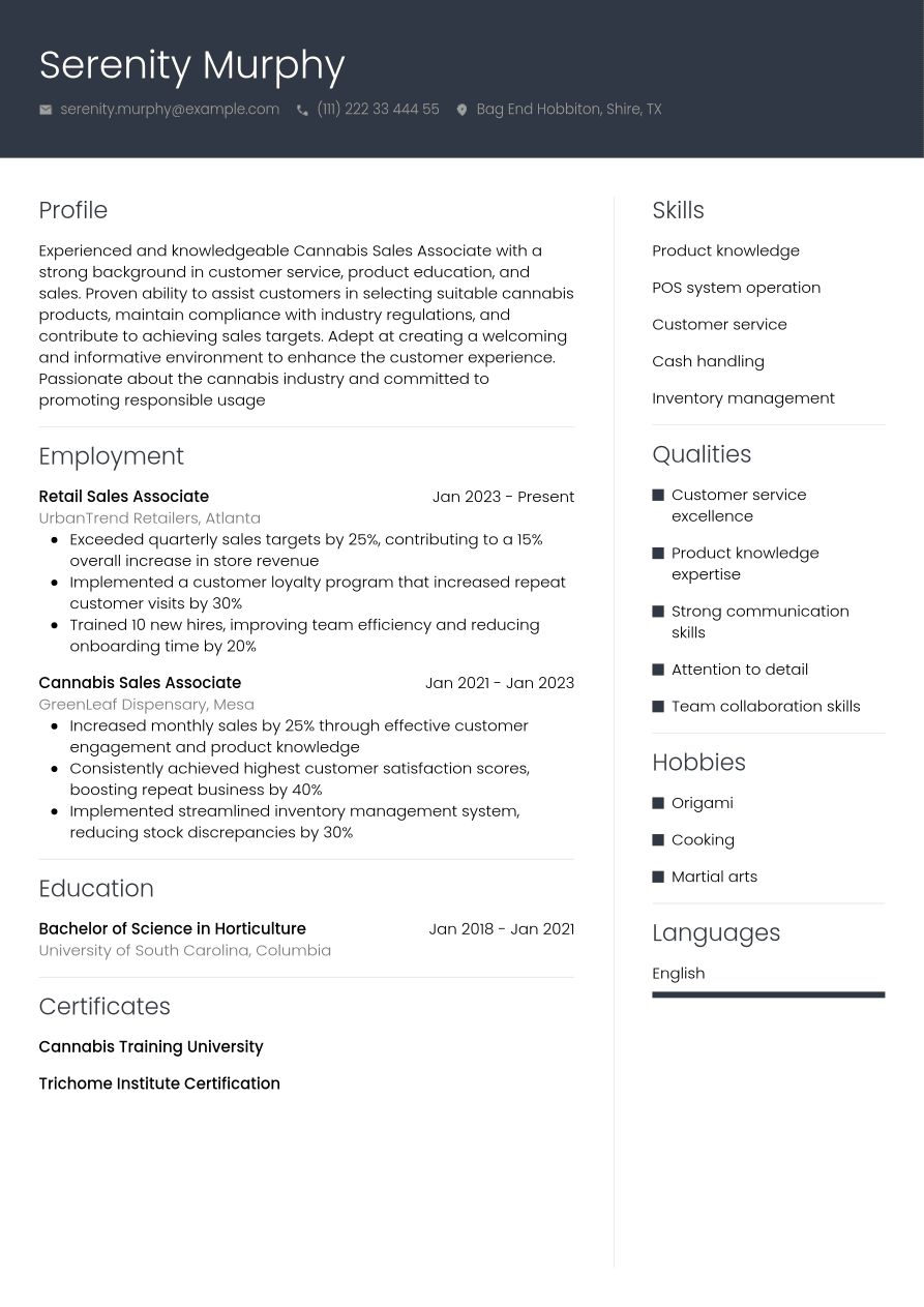 Budtender Resume Example | Jobseeker