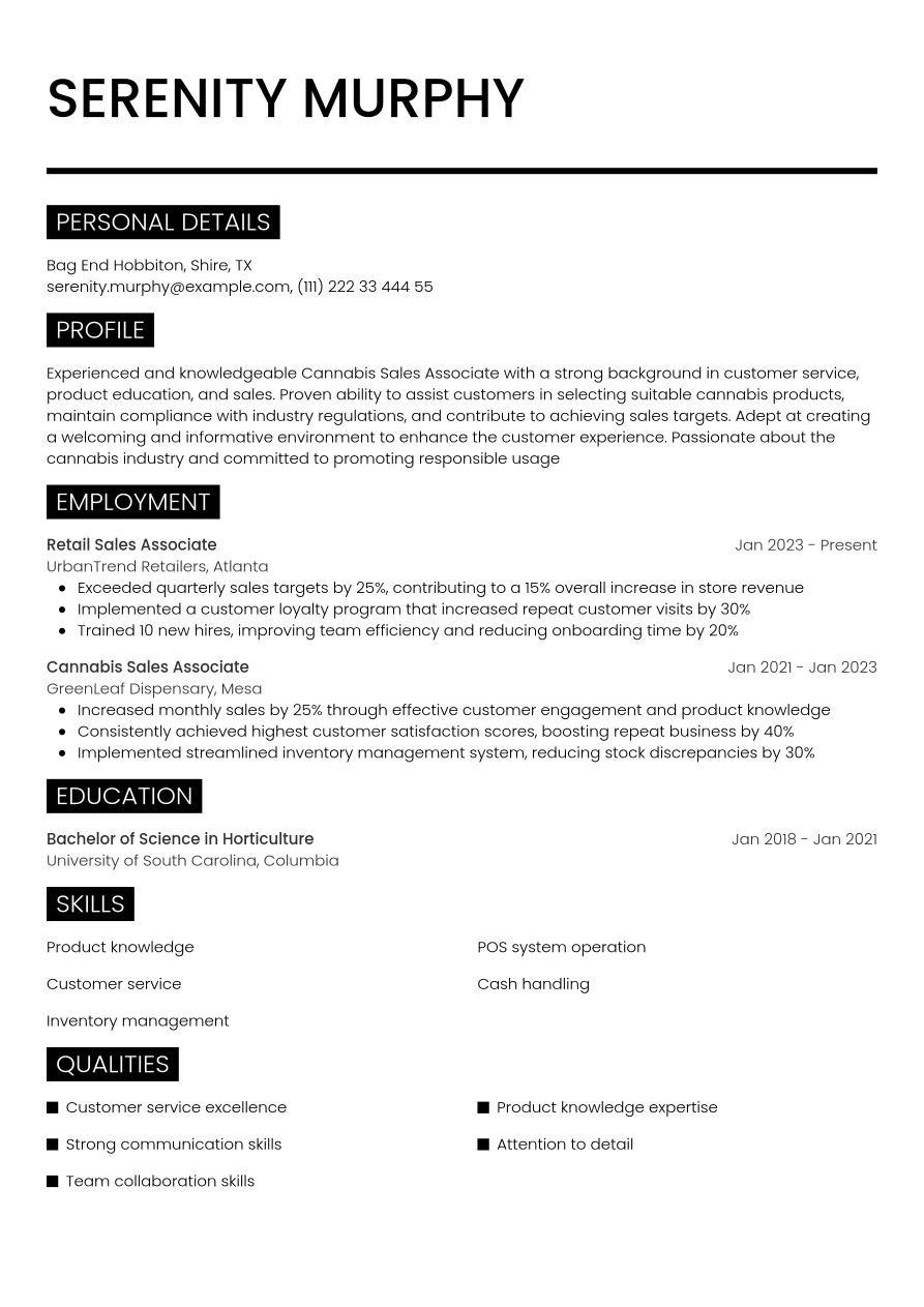 Budtender Resume Example | Jobseeker