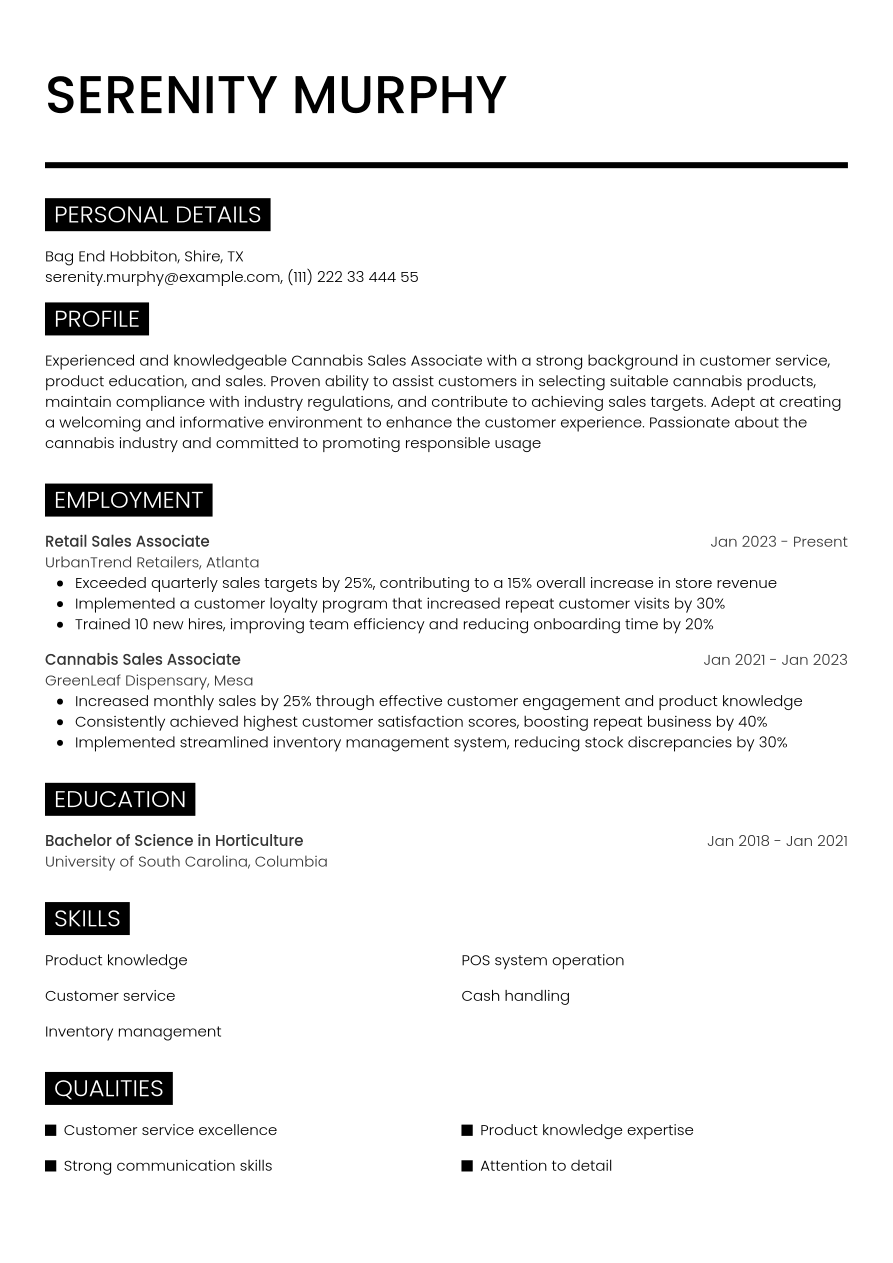 Budtender Resume Example | Jobseeker
