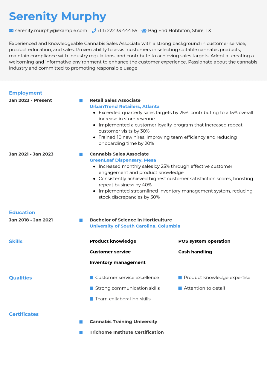 Budtender Resume Example | Jobseeker