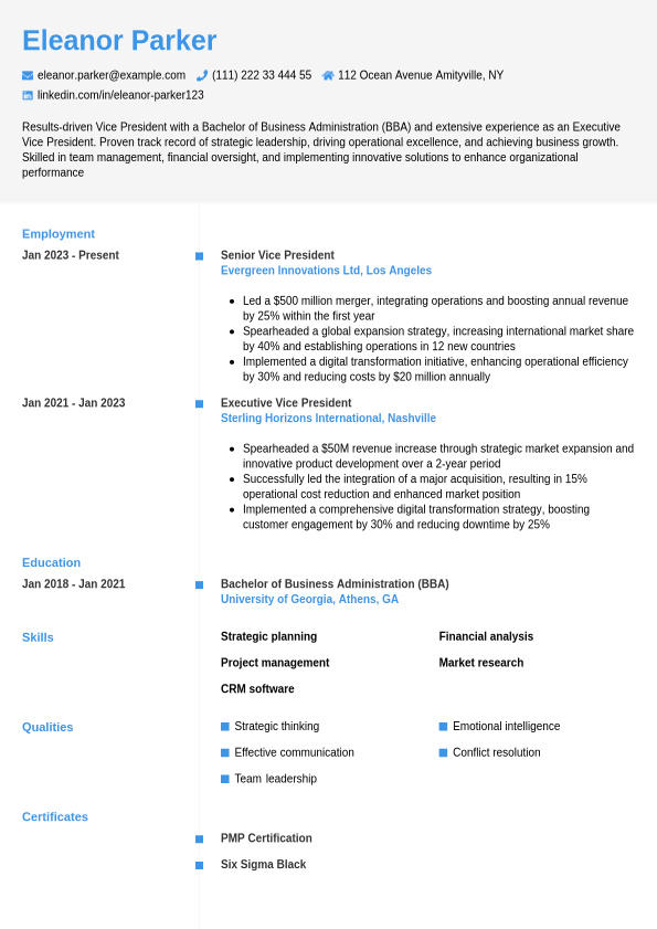 Vice President Resume Example | Jobseeker
