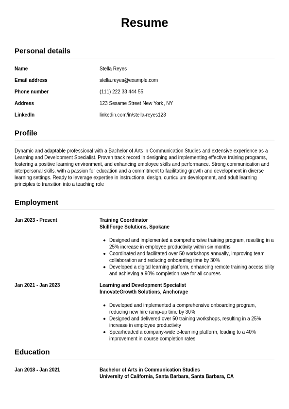 Transitioning Teacher Resume Example | Jobseeker