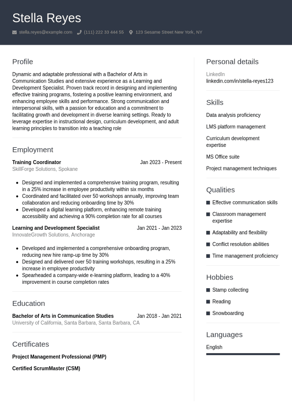 Transitioning Teacher Resume Example | Jobseeker