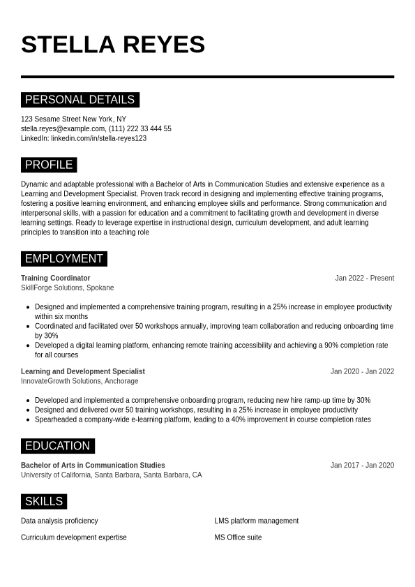 Transitioning Teacher Resume Example | Jobseeker