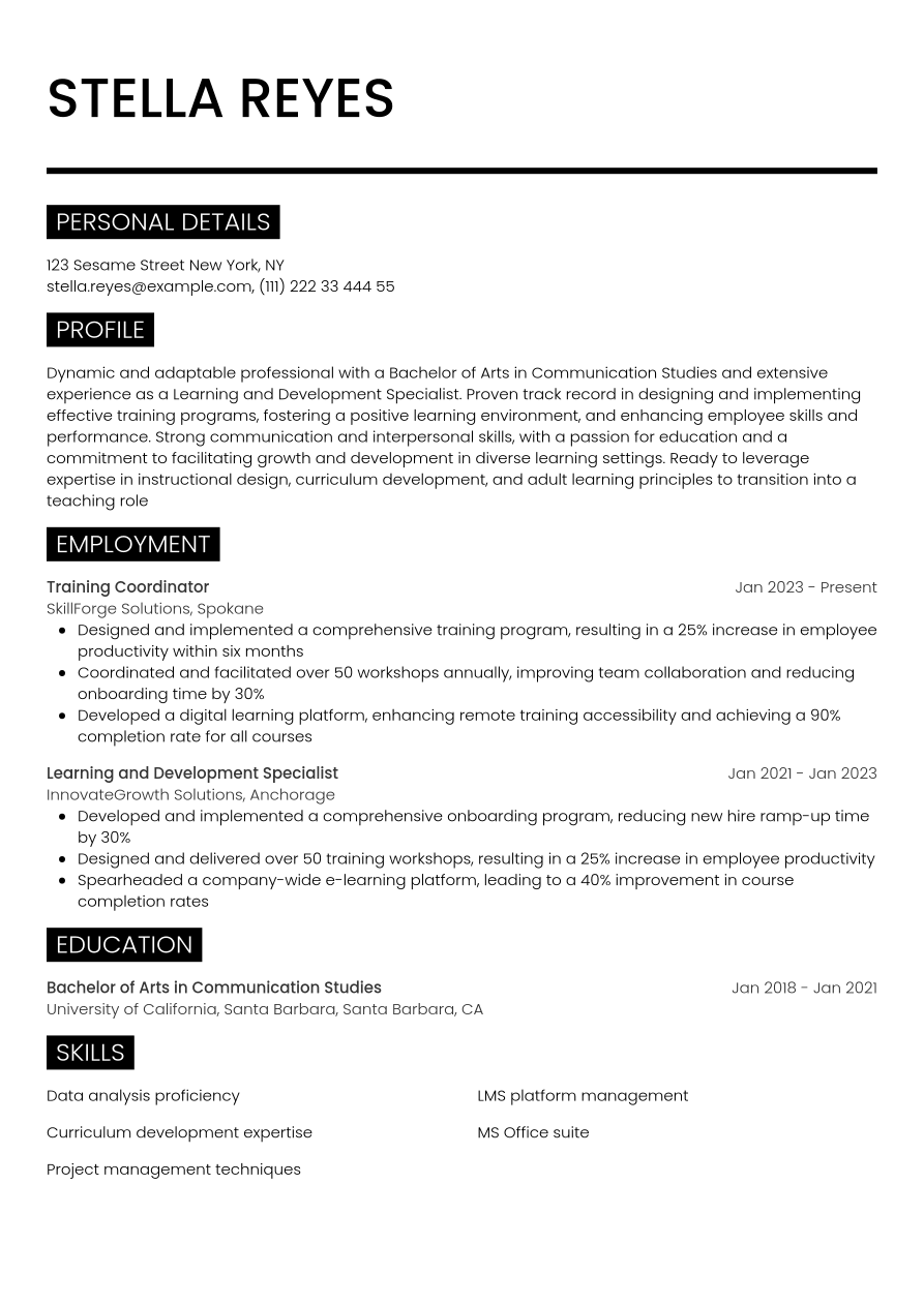Transitioning Teacher Resume Example | Jobseeker
