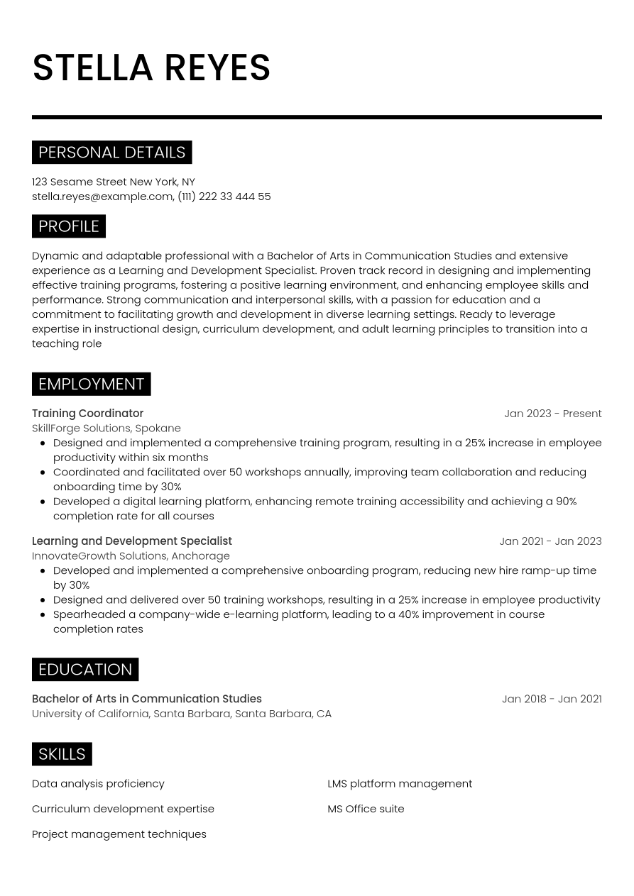 Transitioning Teacher Resume Example | Jobseeker
