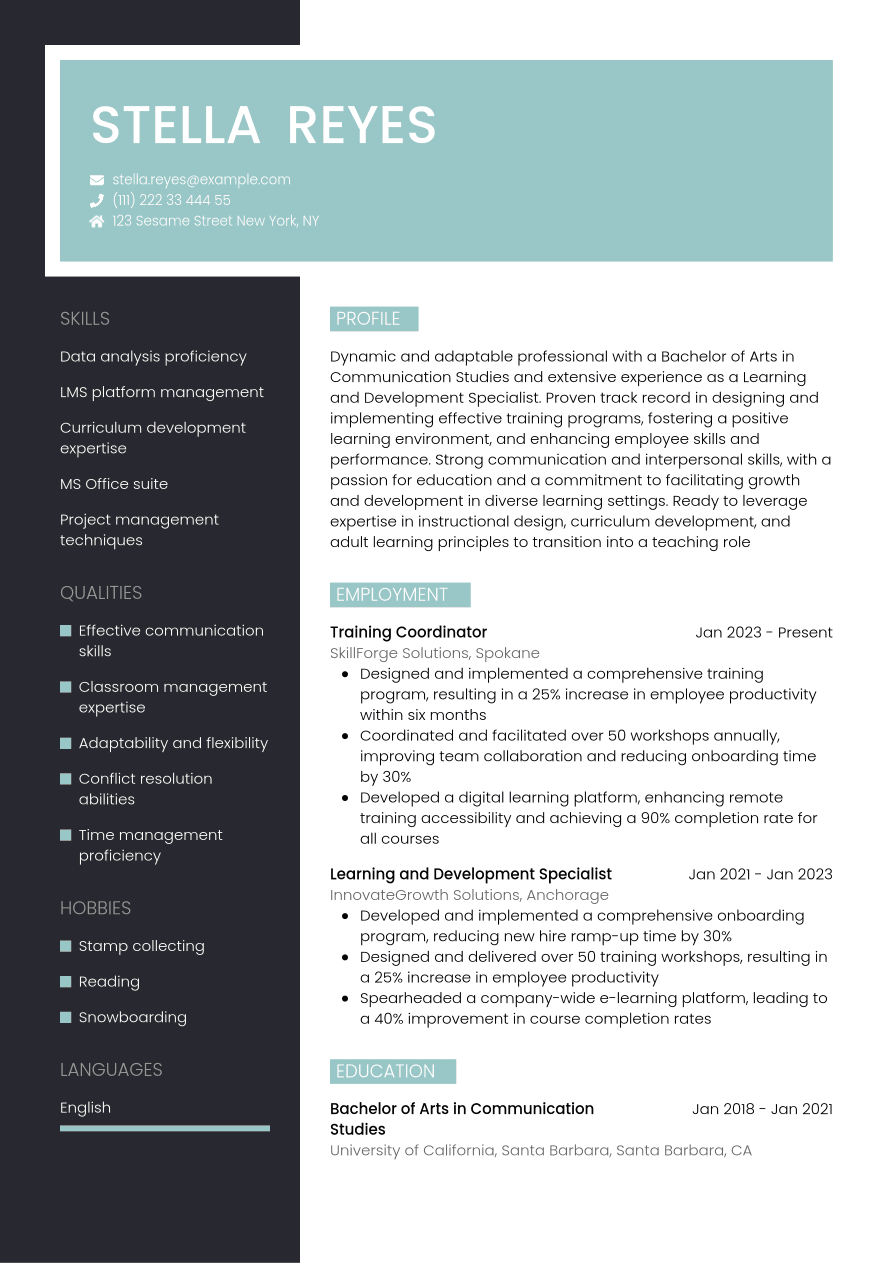 Transitioning Teacher Resume Example | Jobseeker
