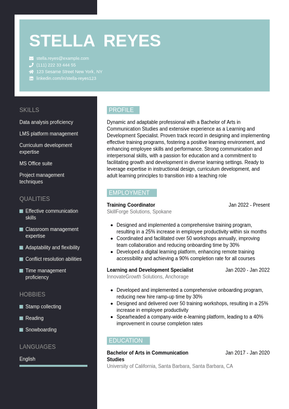 Transitioning Teacher Resume Example | Jobseeker
