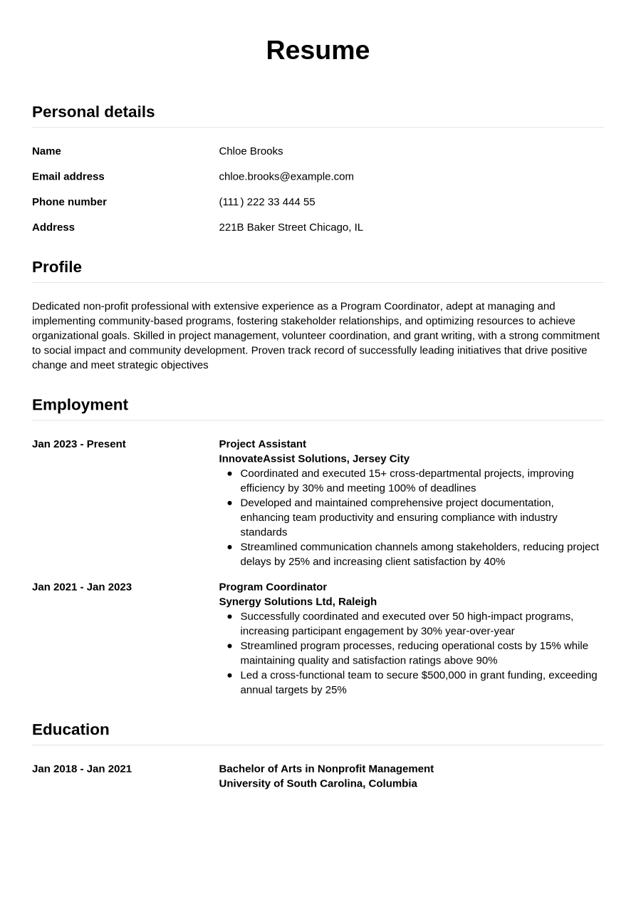 Non Profit Resume Example | Jobseeker