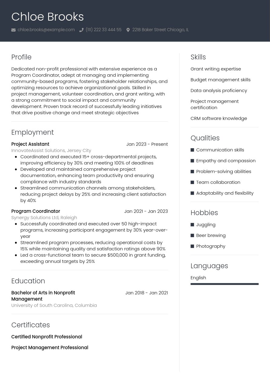 Non Profit Resume Example | Jobseeker