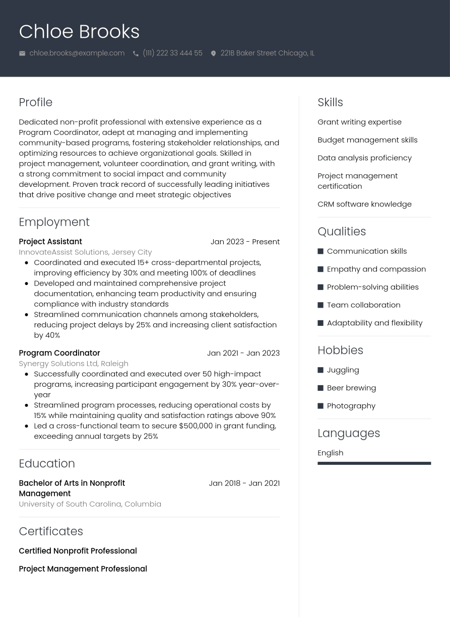 Non Profit Resume Example | Jobseeker