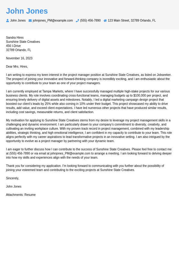 Project Manager Cover Letter Example | Jobseeker