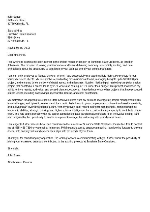 Project Manager Cover Letter Example | Jobseeker