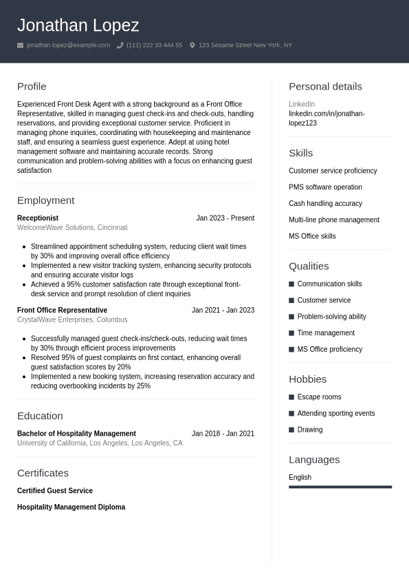 Front Desk Agent Resume Writing Guide & Tips | Jobseeker