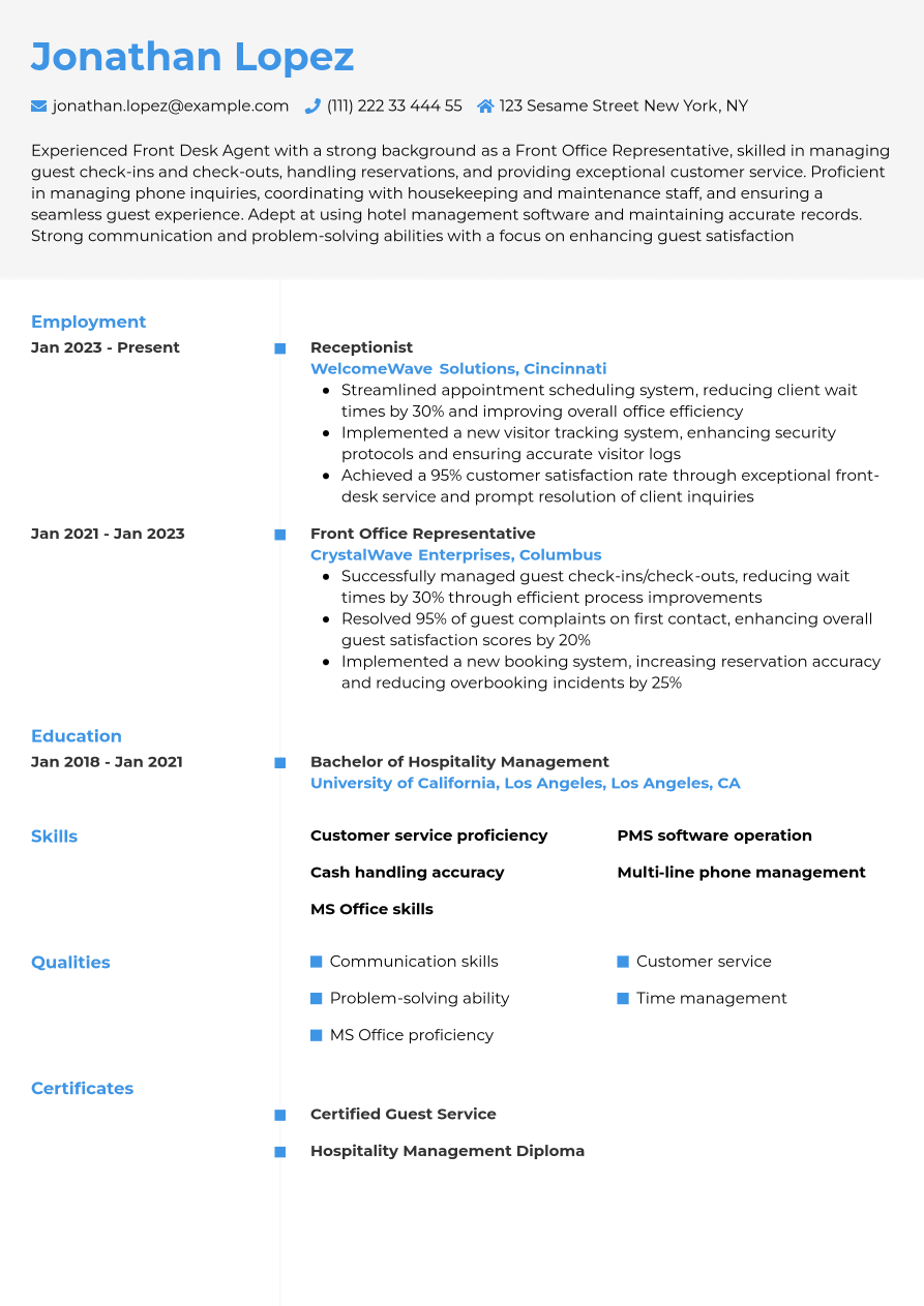 Front Desk Agent Resume Writing Guide & Tips | Jobseeker
