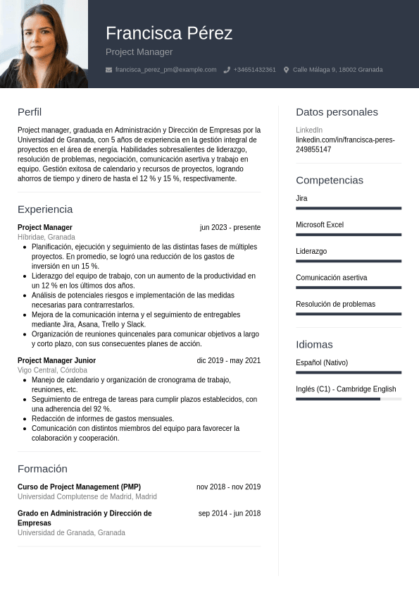 Ejemplo de currículum para project manager | Jobseeker