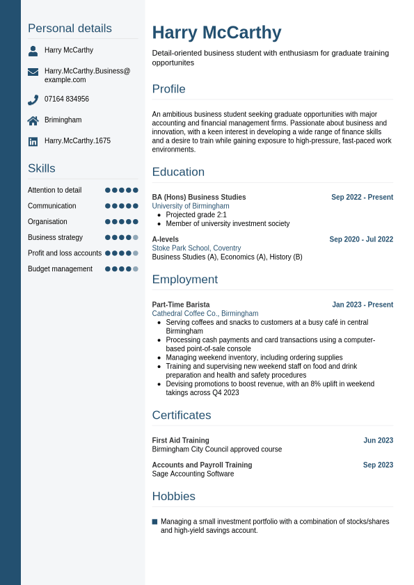 University Student CV example | Jobseeker
