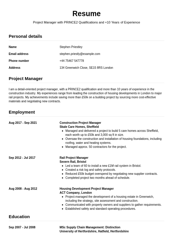 CV Example Project Manager | Jobseeker