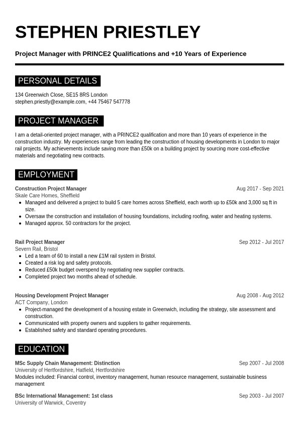 CV Example Project Manager | Jobseeker