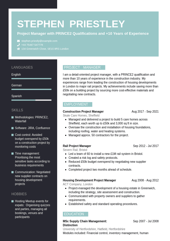 CV Example Project Manager | Jobseeker