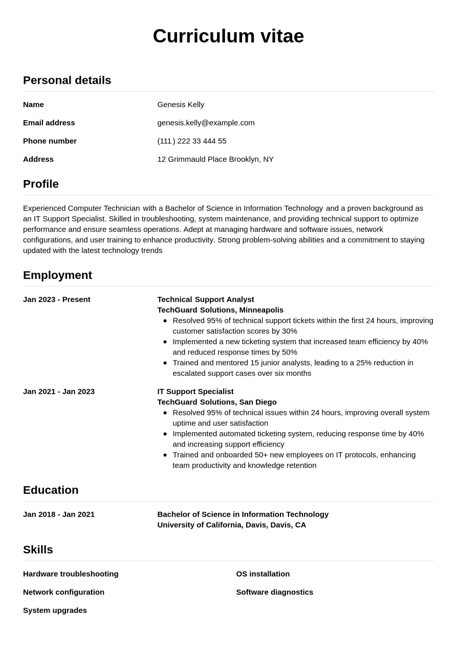 Computer Technician Resume Writing Guide & Tips | Jobseeker
