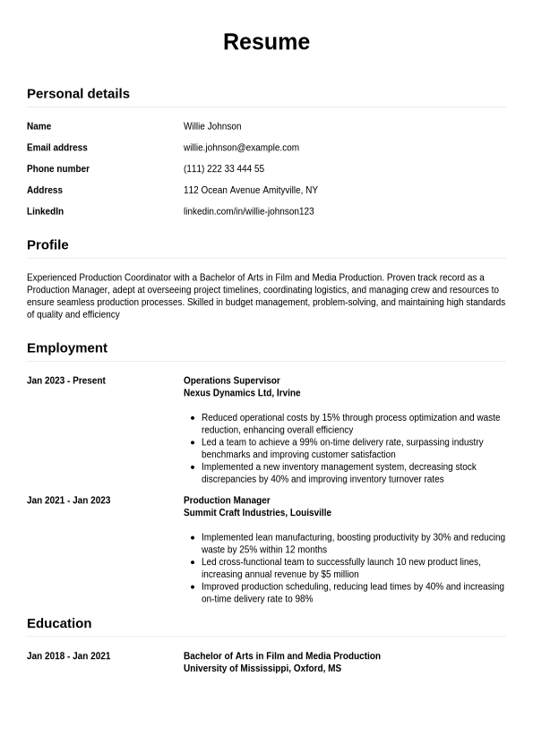 Production Coordinator Resume Writing Guide & Tips | Jobseeker