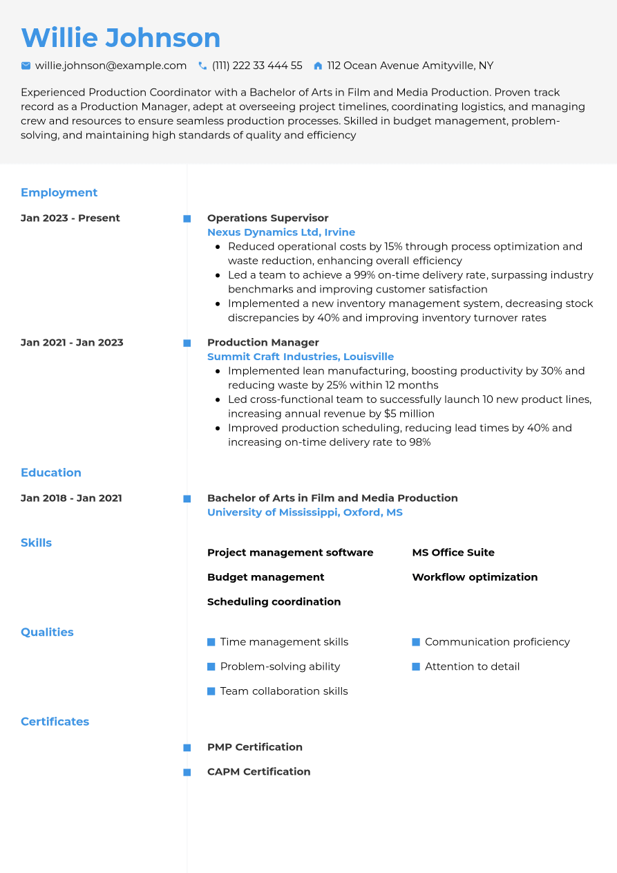 Production Coordinator Resume Writing Guide & Tips | Jobseeker