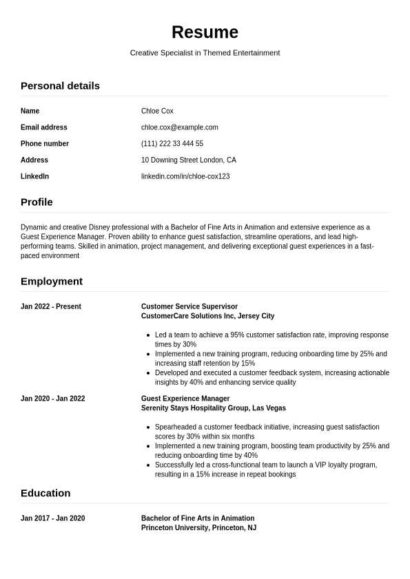 Disney Resume Example | Jobseeker