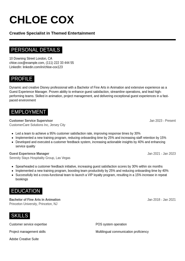 Disney Resume Example | Jobseeker