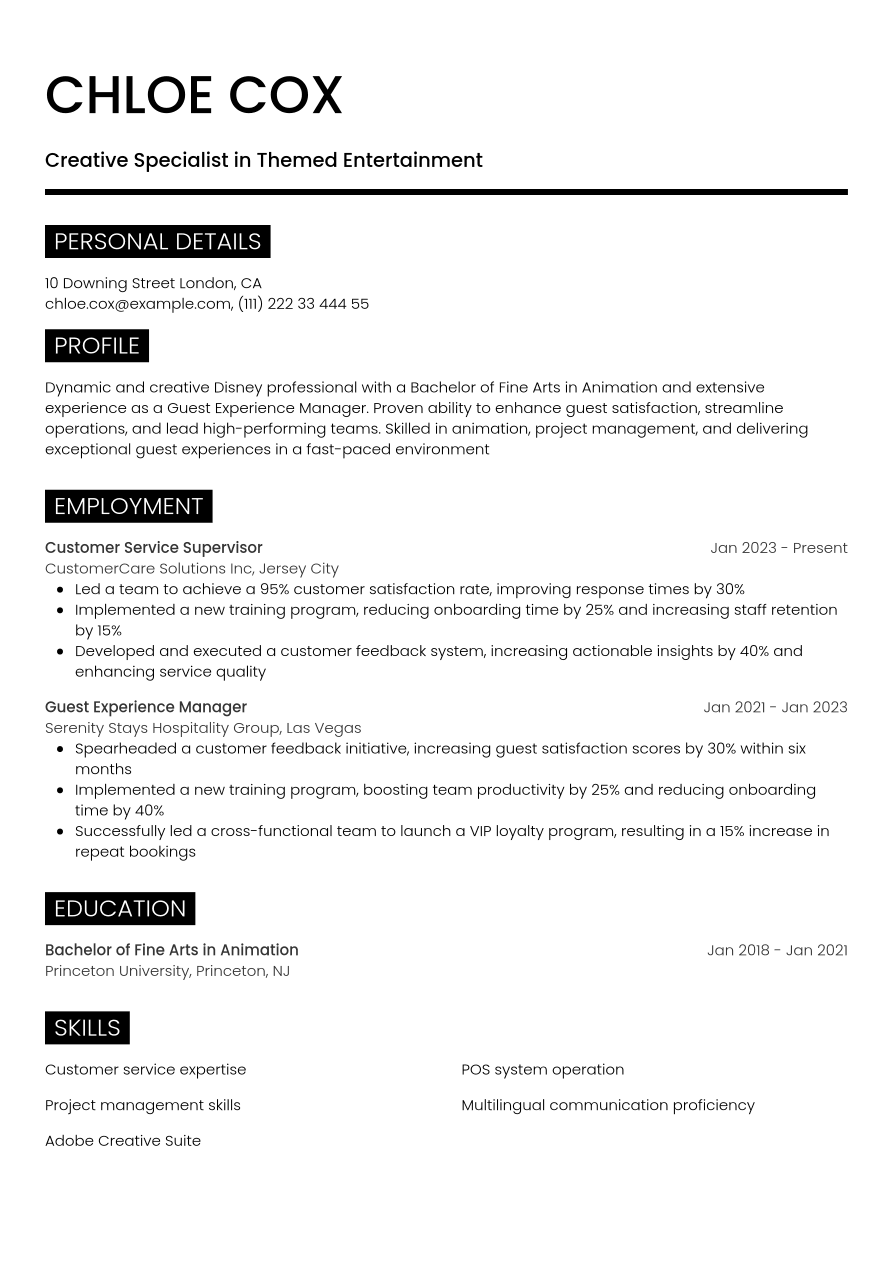 Disney Resume Example | Jobseeker
