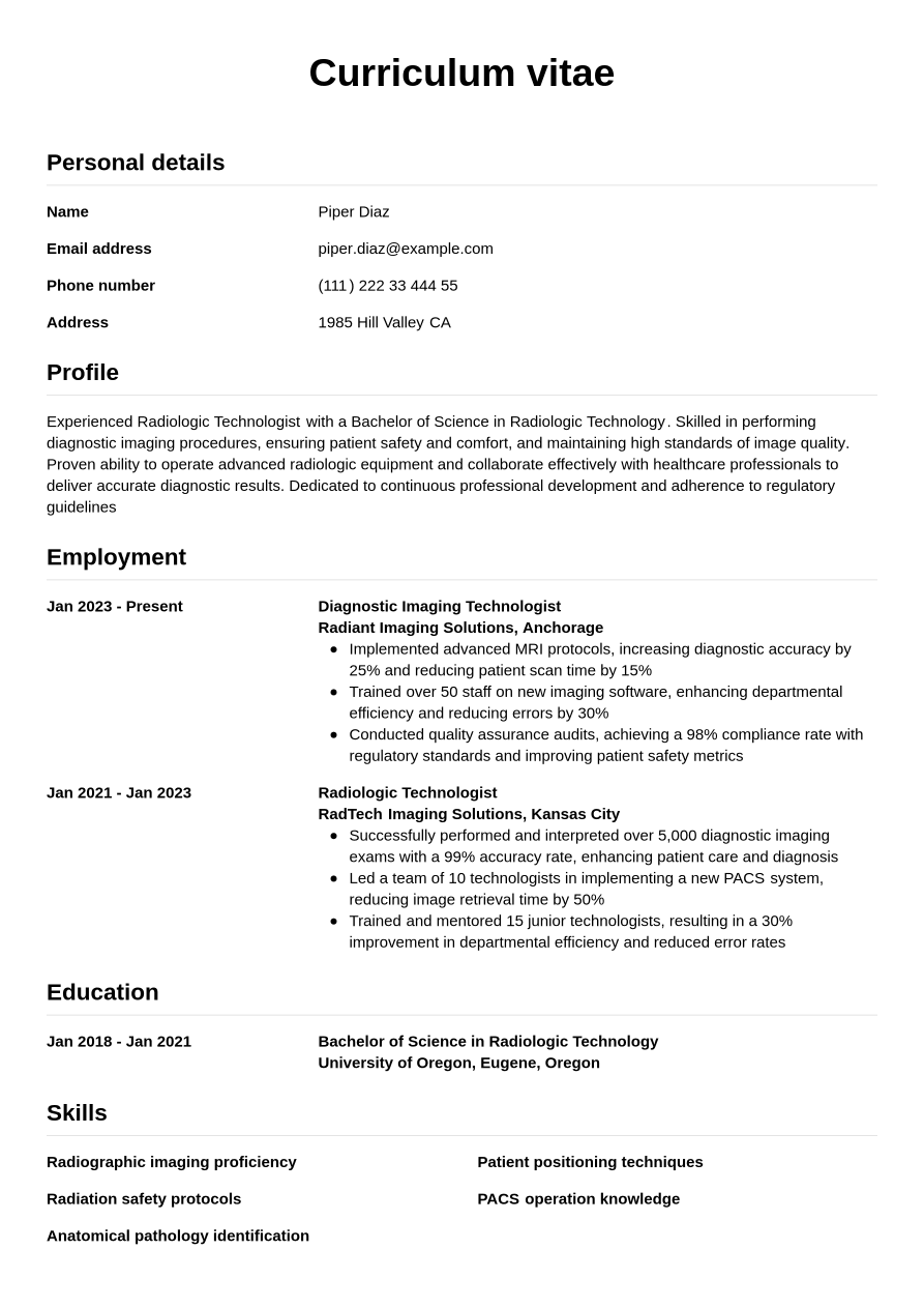 X-Ray Tech Resume Example | Jobseeker