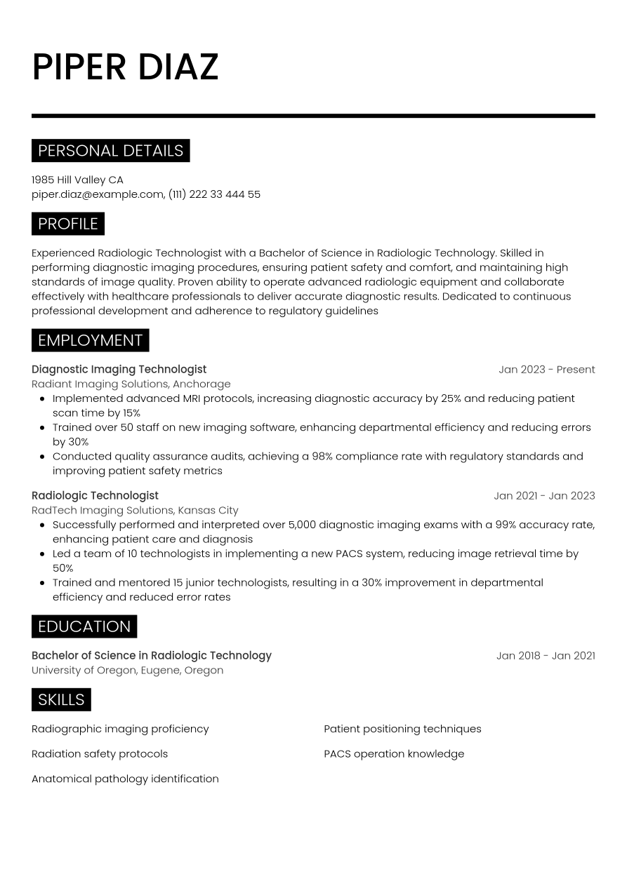 X-Ray Tech Resume Example | Jobseeker