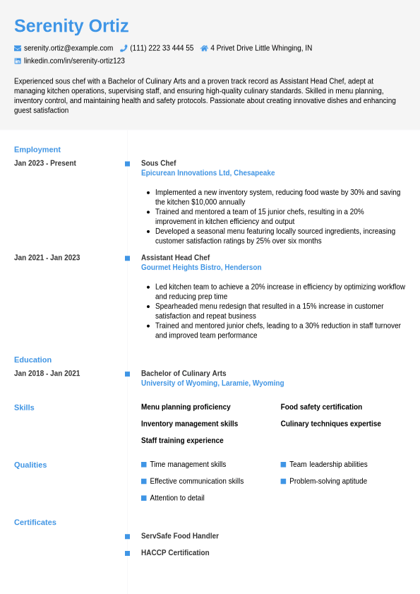Sous Chef Resume Writing Guide & Tips | Jobseeker