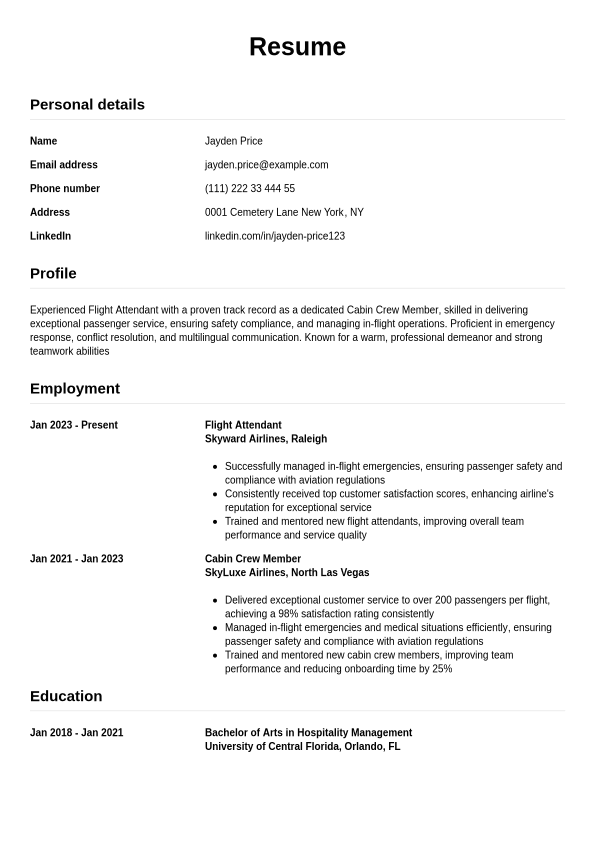 Flight Attendant Resume Example | Jobseeker