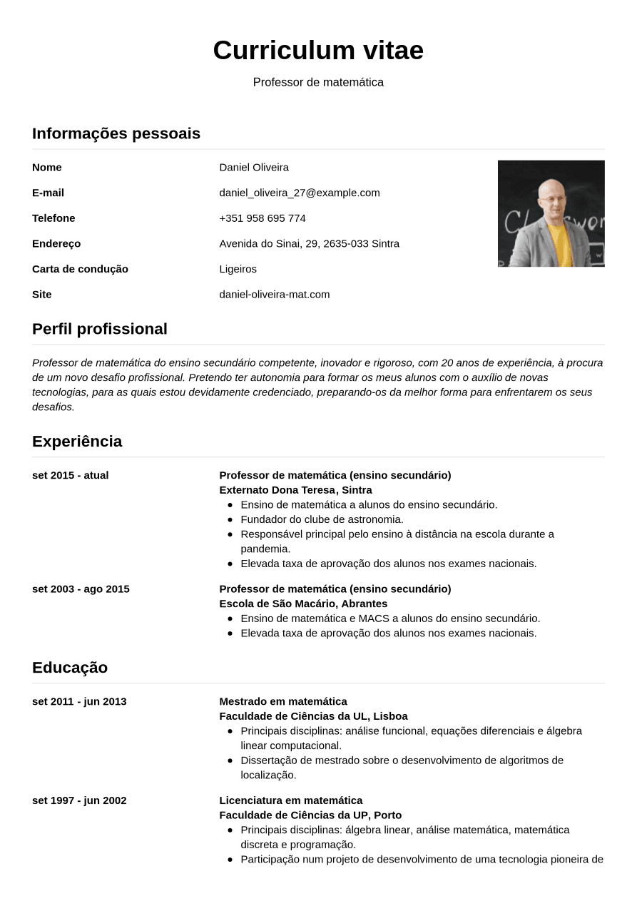 Exemplo de curriculum vitae para professor | Jobseeker