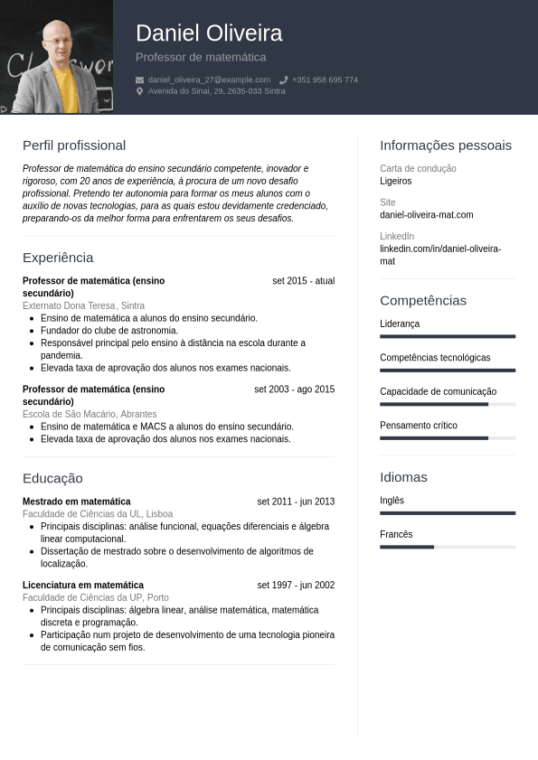 Exemplo de curriculum vitae para professor | Jobseeker