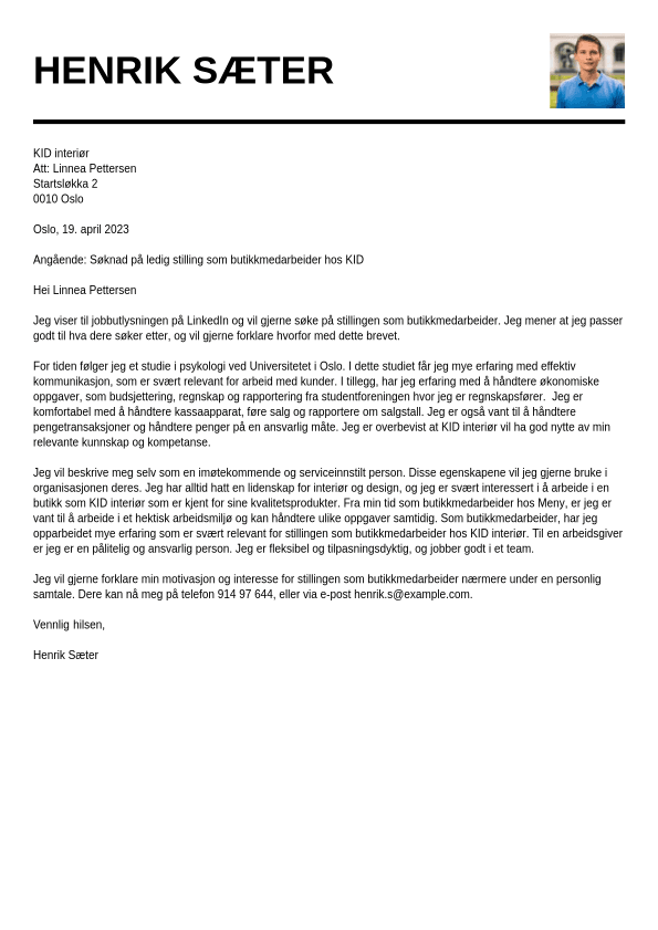 Butikkmedarbeider jobbsøknad eksempel | Jobseeker