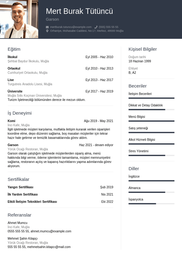 Garson CV Örnekleri | Jobseeker