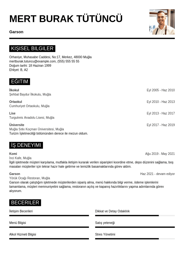 Garson CV Örnekleri | Jobseeker