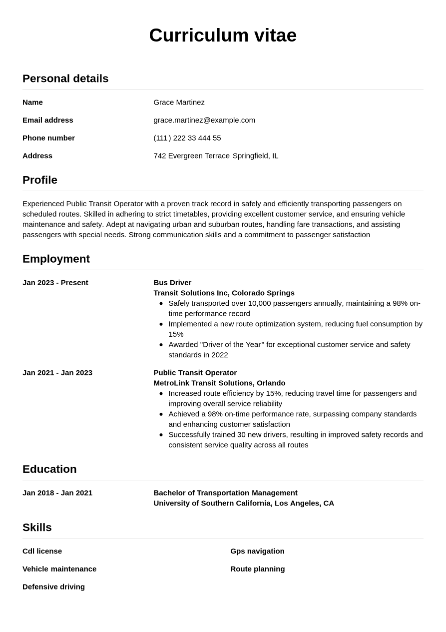 Bus Driver Resume Example | Jobseeker