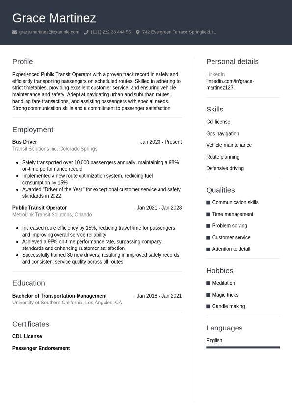 Bus Driver Resume Example | Jobseeker