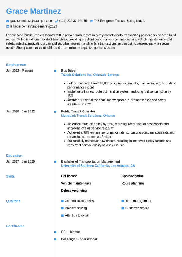 Bus Driver Resume Example | Jobseeker