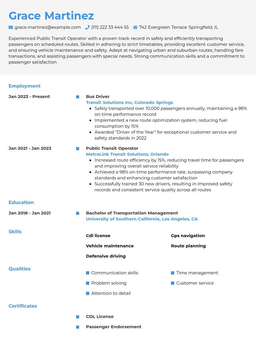 Bus Driver Resume Example | Jobseeker