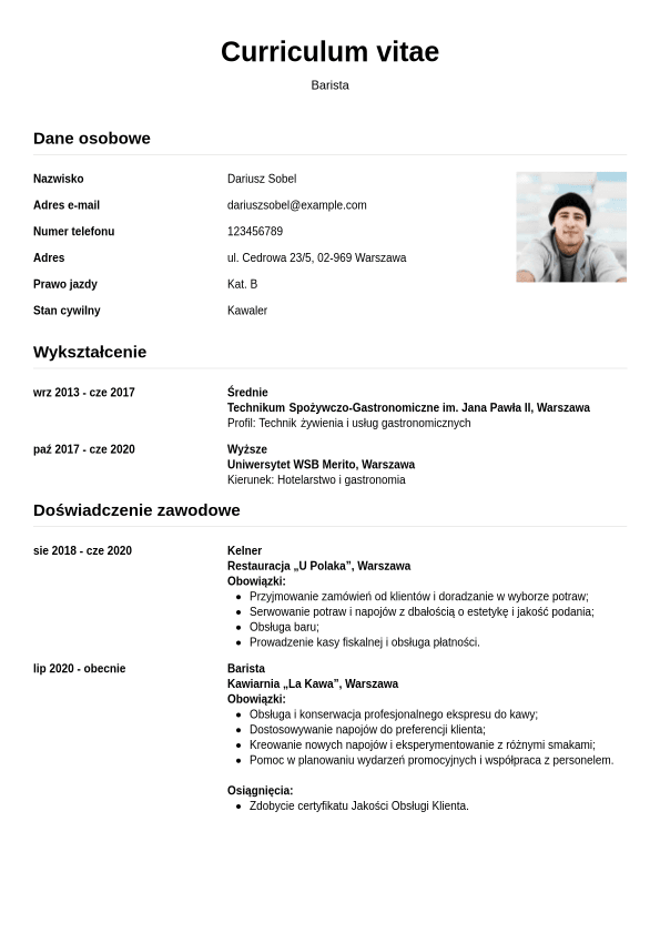 Przykład CV dla baristy | Jobseeker