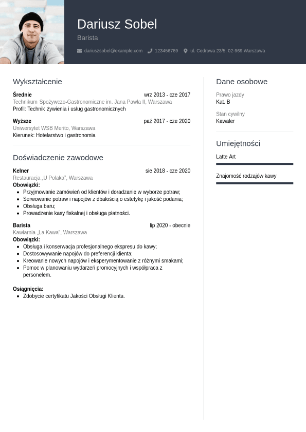 Przykład CV dla baristy | Jobseeker