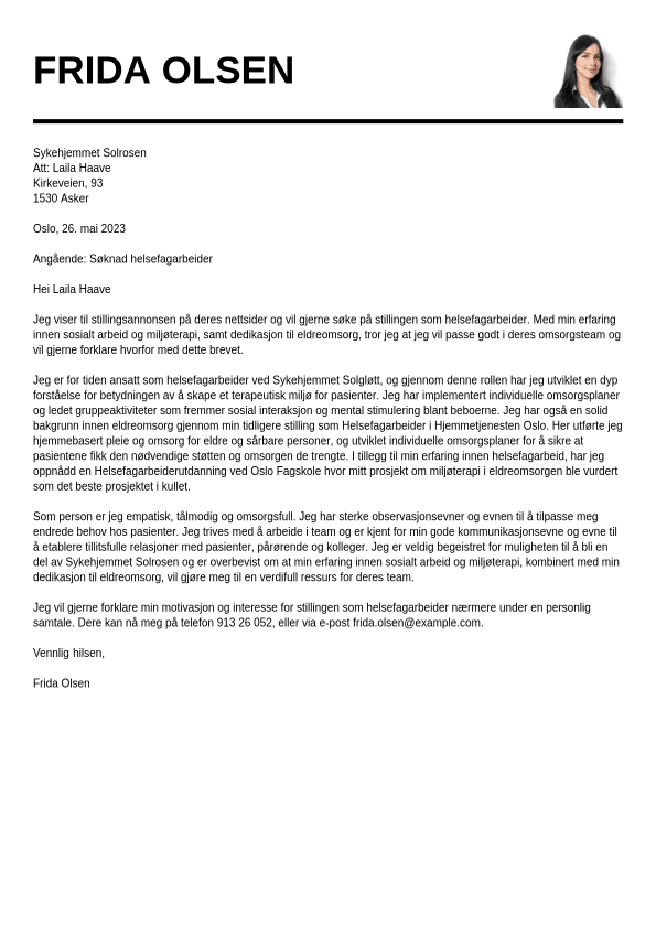 Helsefagarbeider Jobbsøknad eksempel | Jobseeker