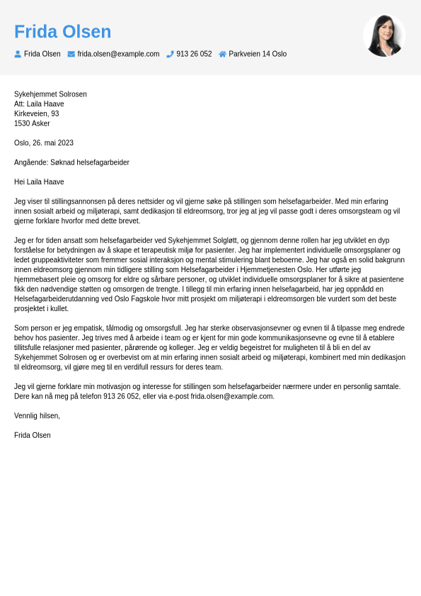 Helsefagarbeider Jobbsøknad eksempel | Jobseeker