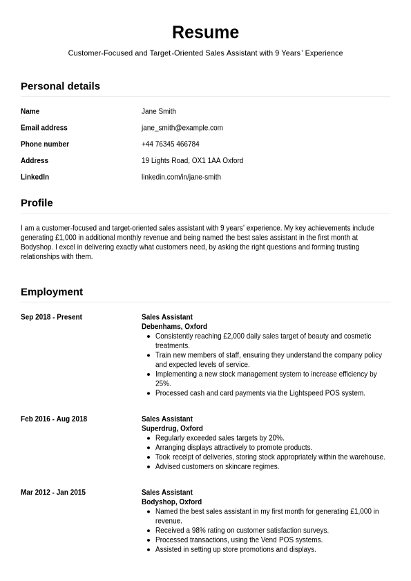 CV example sales assistant | Jobseeker
