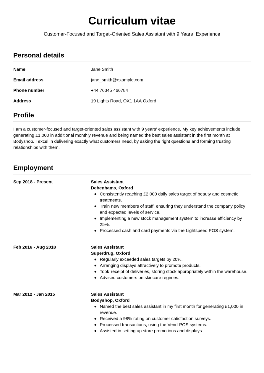 CV example sales assistant | Jobseeker